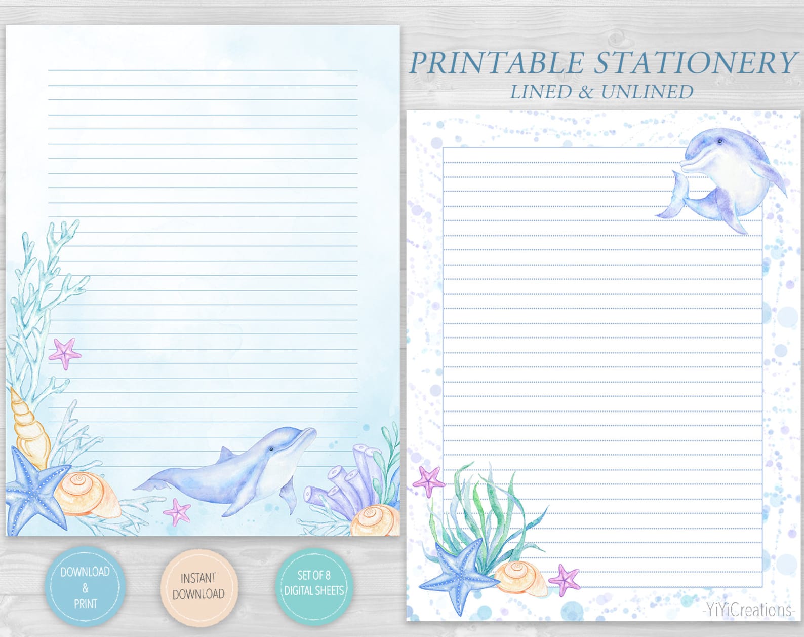 Dolphin Stationery: Blue Ocean Writing Paper Set (digital Download) - Etsy