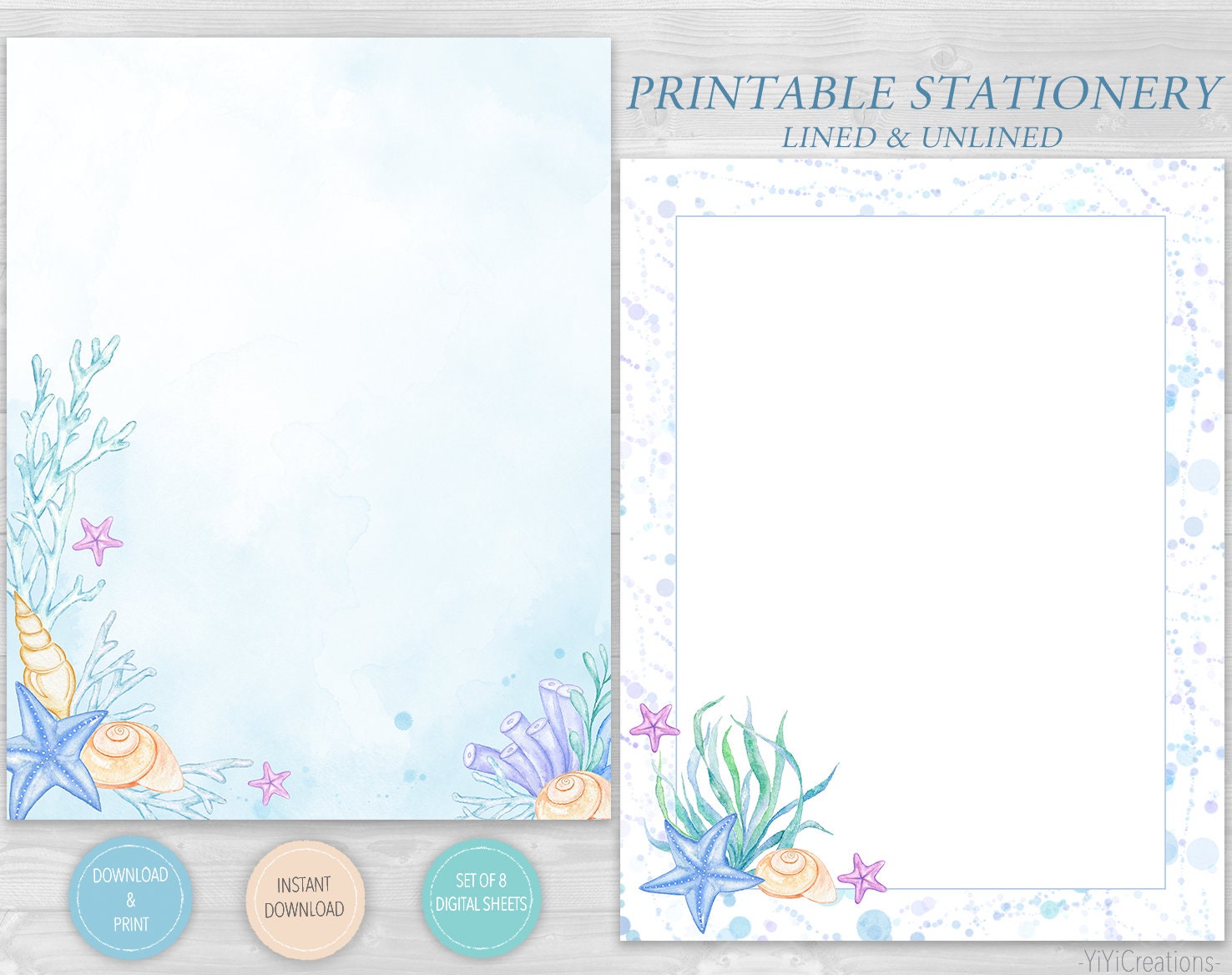 Blue Ocean Printable Writing Paper Set of 8, Cute Dolphin Stationery ...