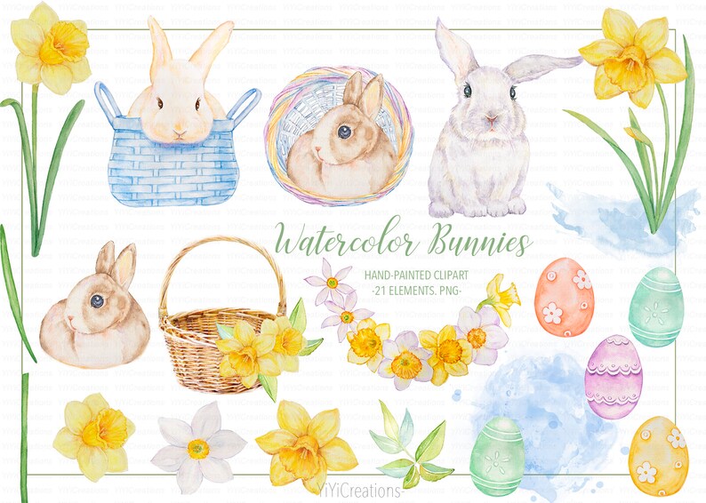 Watercolor Spring Bunny Clipart, Easter Rabbit Clip Art, Easter Eggs ...