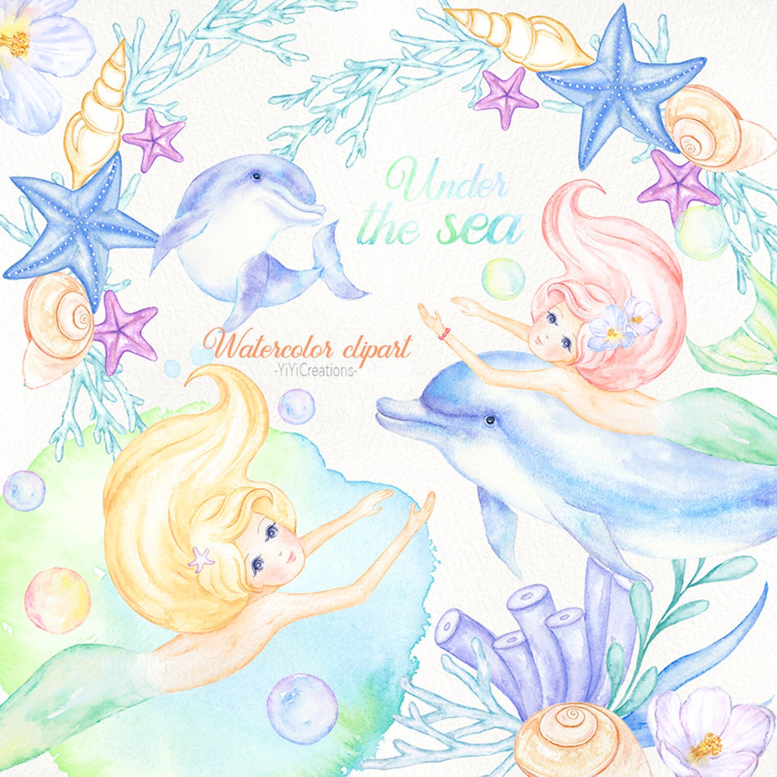 Dreamy Ocean Clipart. Pastel Mermaid, Watercolor Sea Creatures Download ...