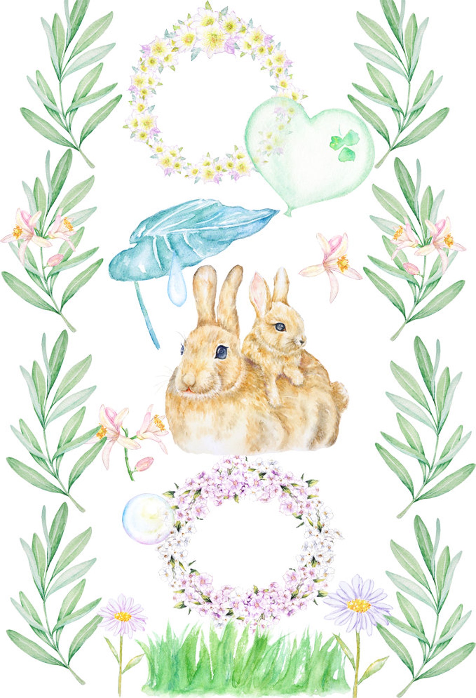 Wild Rabbit Clipart, Mom and Baby, Hand Drawn Watercolor Bunny ...