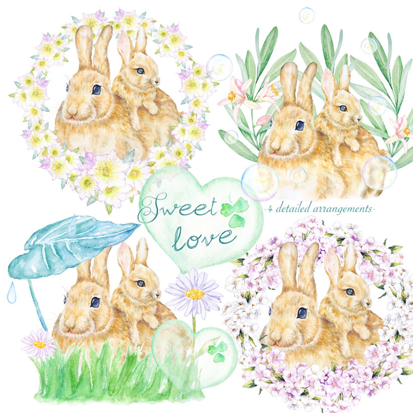 Wild Rabbit Clipart, Mom and Baby, Hand Drawn Watercolor Bunny ...