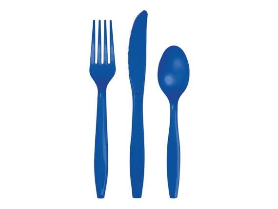 Blue Plastic Cutlery 24ct, Blue Plastic Silverware, Disposable Cutlery ...