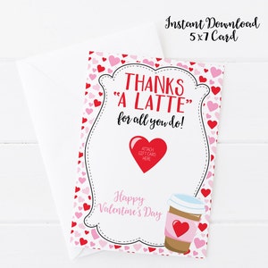 Thanks A Latte Teacher Valentine Card, Coffee Valentine Gift Card ...
