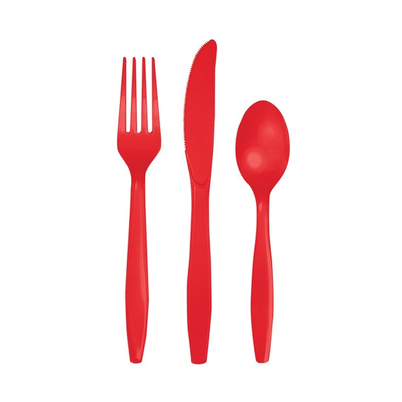Red Plastic Cutlery 24 ct, Red Plastic Utensils, Disposable Silverware ...