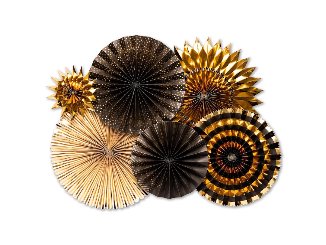 Black & Gold Paper Fans, New Year's Eve Decorations, Hanging Party ...