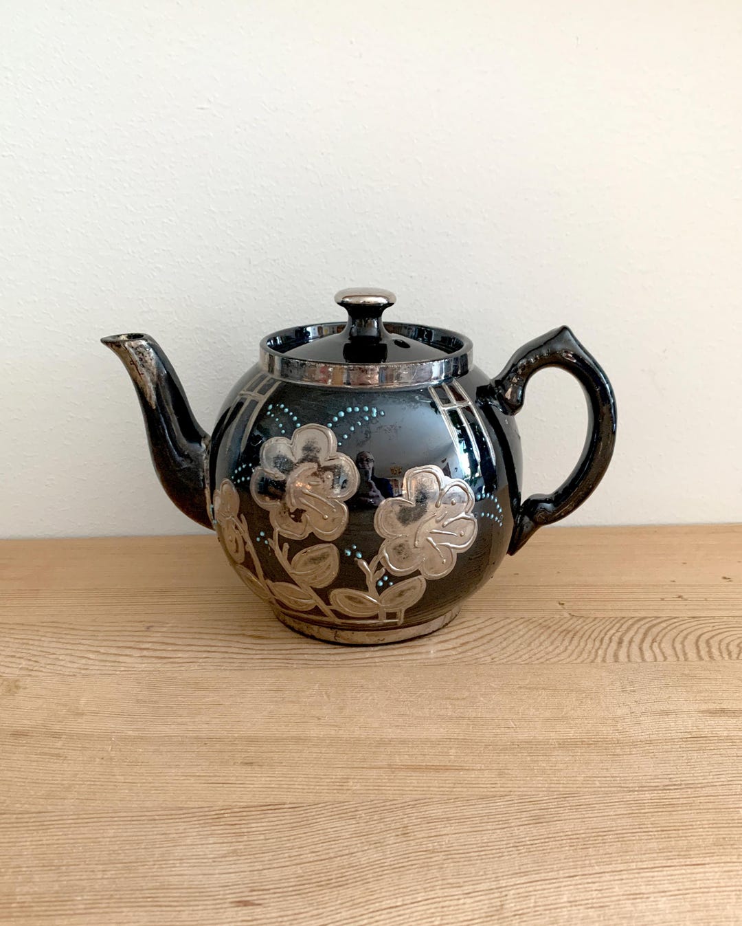 Black Tea Pot With Floral Silver Overlay Decor Globe England - Etsy