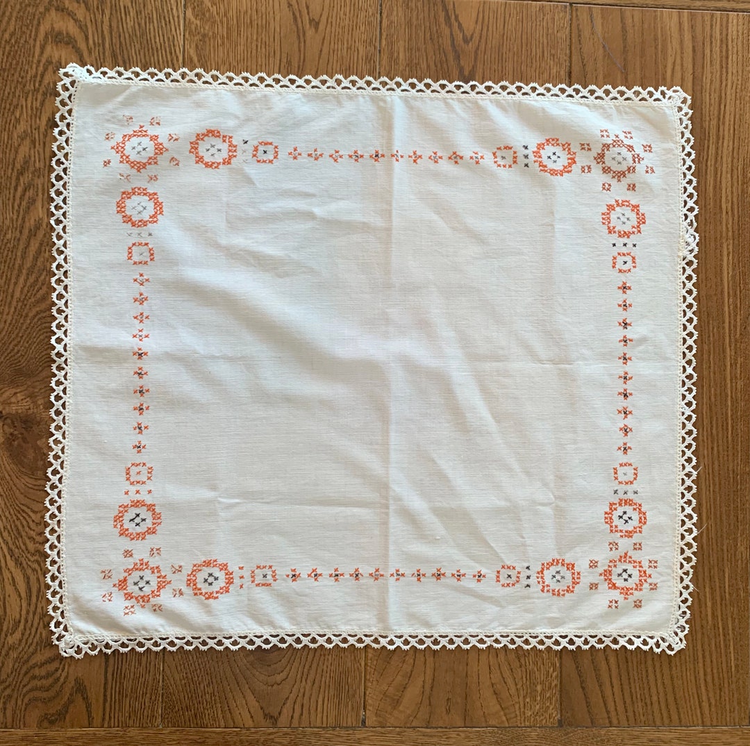 Small Square Embroidered Table Topper With Crochet Lace Trim and Cross ...