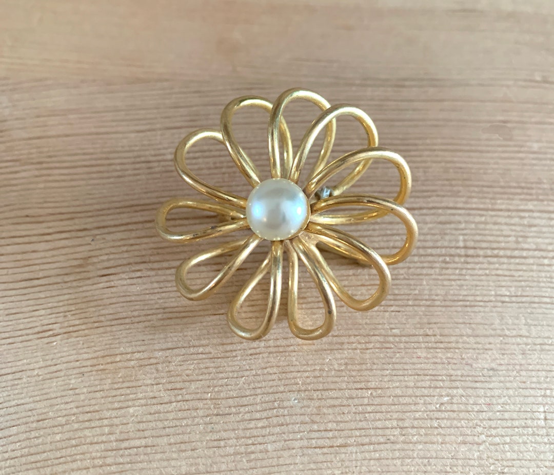Gold Toned Wired Wrapped Flower Brooch With Large 8 Mm Faux Pearl ...