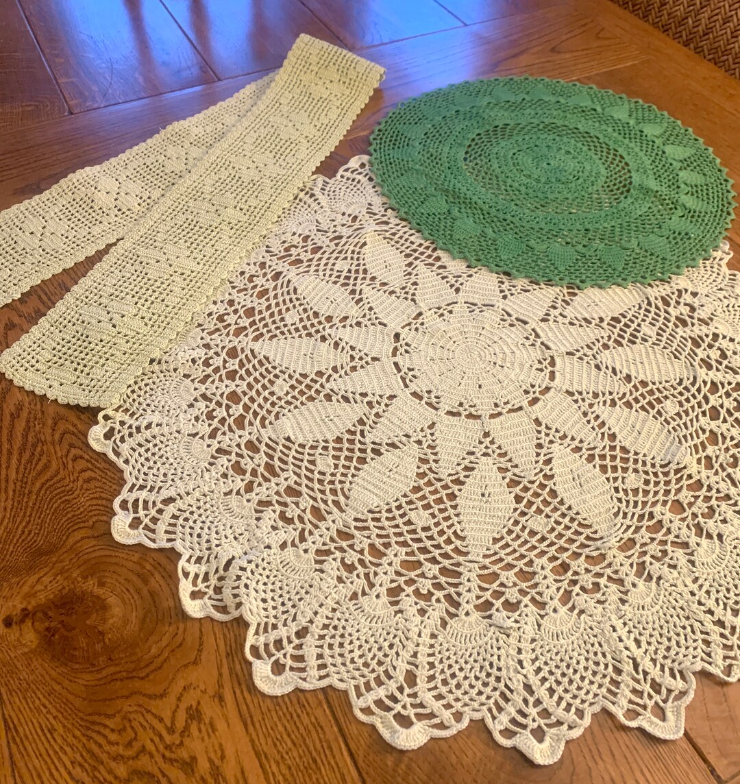 Scrap Lot 3 Hand Crocheted Doilies Crochet Trim Green Cotton Yarn ...