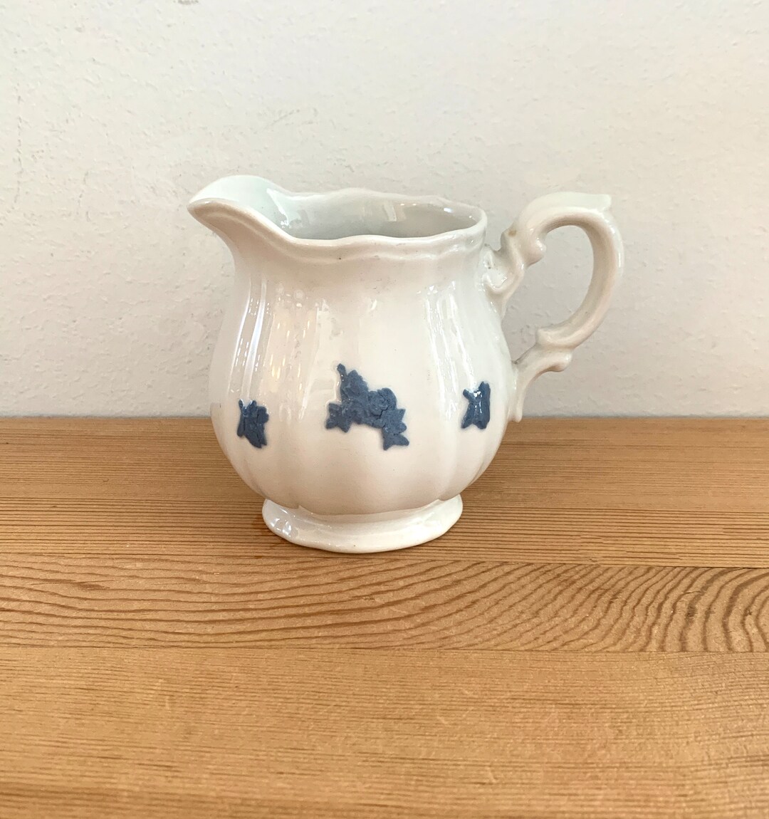 White and Blue Embossed Creamer Midcentury Cream Pitcher With Floral ...