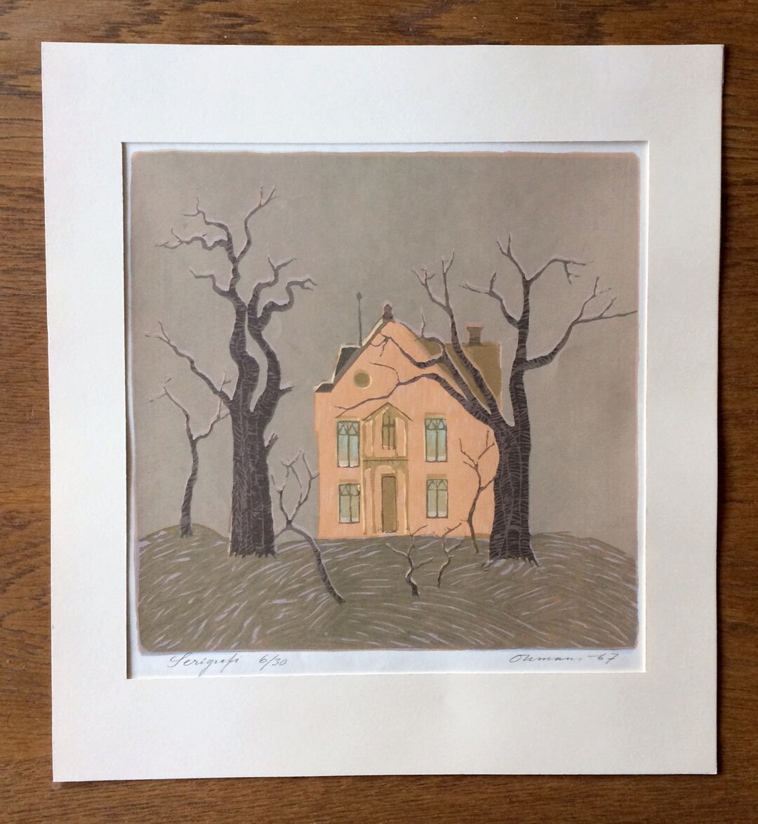 Silkscreen Print 1967 Signed Öhman Swedish Artist Trees and Old House ...