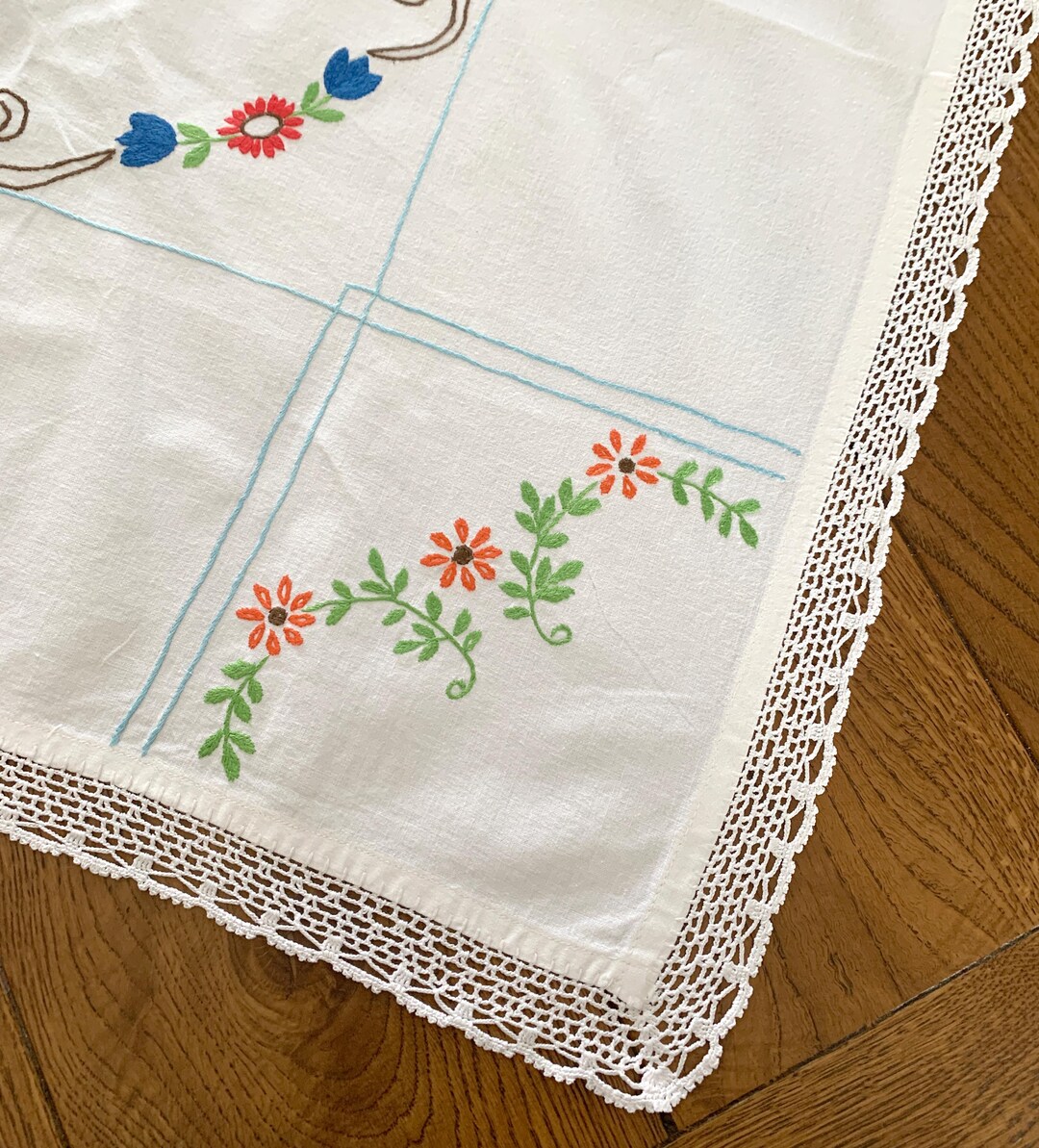 Square Hand Embroidered Cotton Table Topper / Cloth With Hand Crochet ...