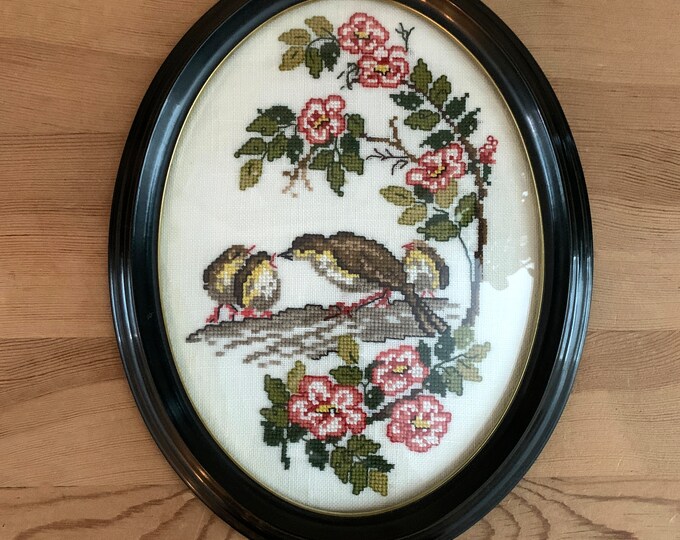 Framed Oval Vintage Cross Stitch Embroidery With Birds and Flowers ...