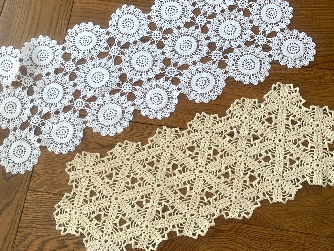 2 Vintage Crochet Table Runners in White and Beige Handcrocheted Small ...