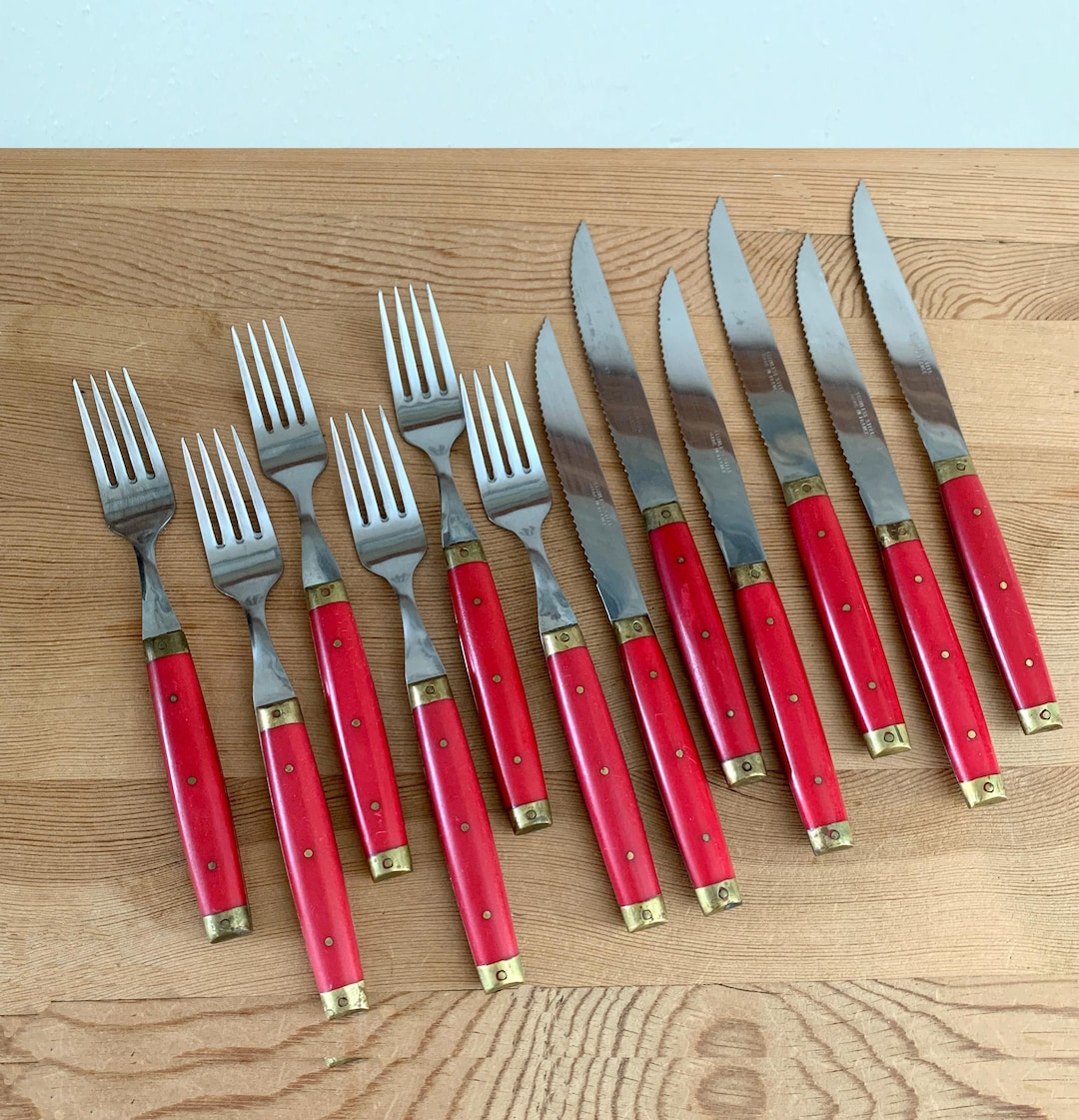 French Vintage Bistro Cutlery Set With Rivets Red Plastic and Brass 6 ...