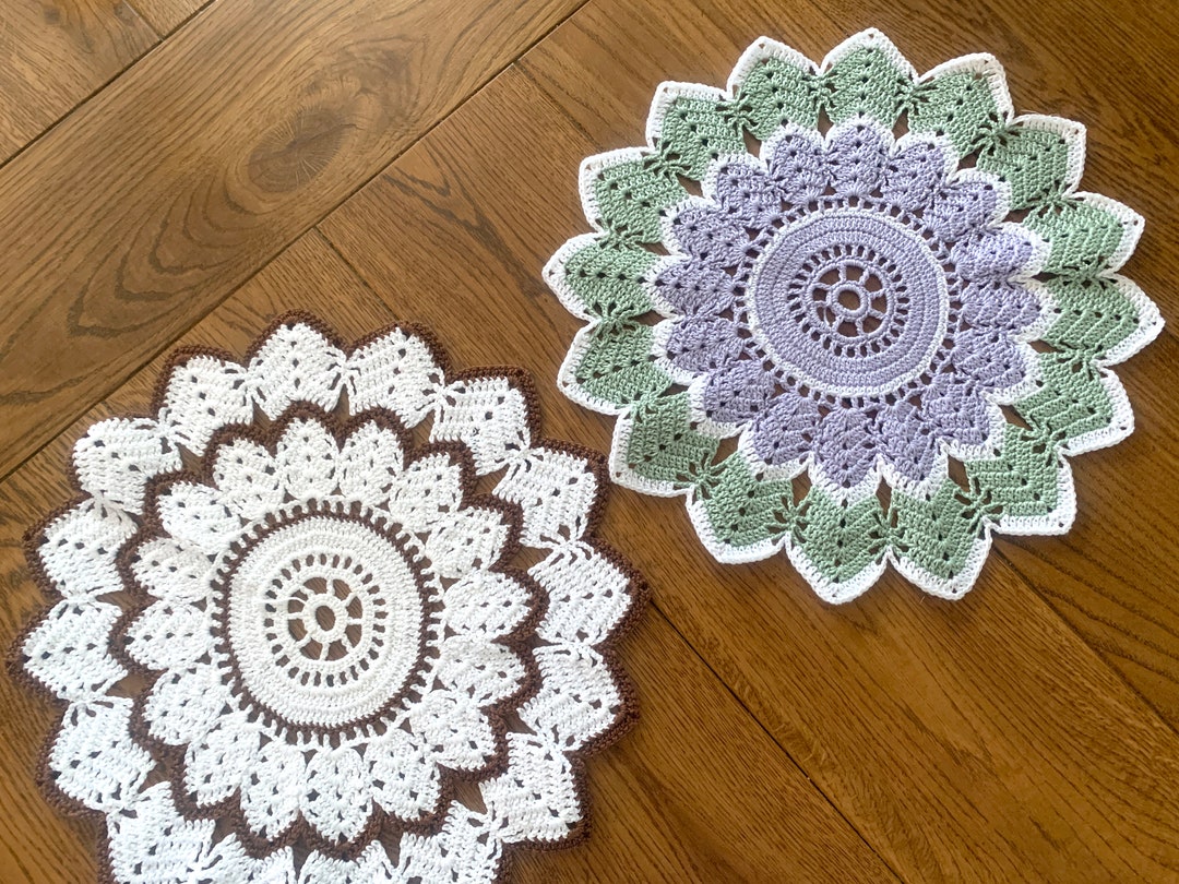 2 Hand Crochet Doilies Floral Star Pattern Doily Medium White Green ...