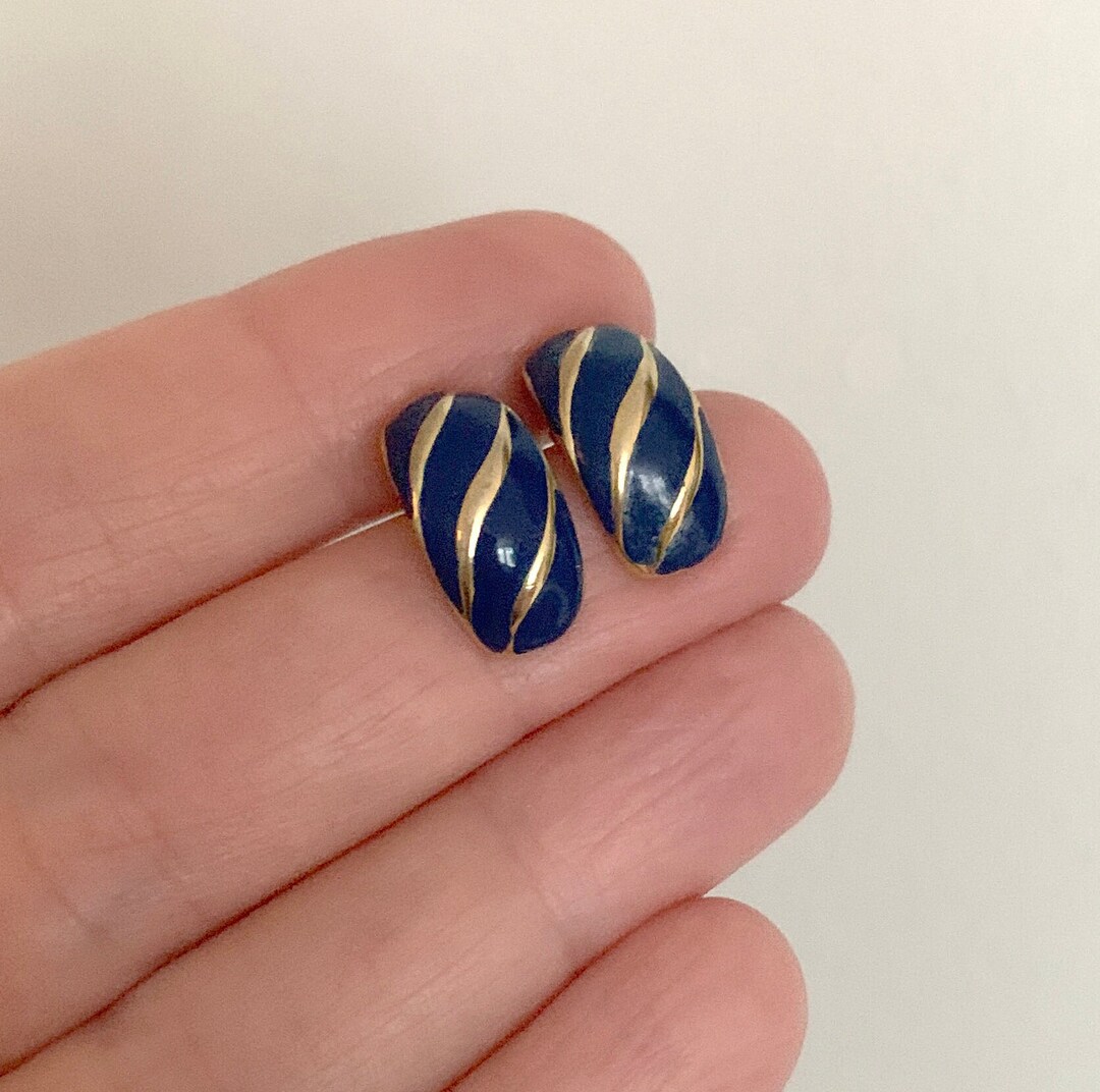 1990's Blue and Gold Enamel Half Hoop Earrings for Pierced Ears Small ...