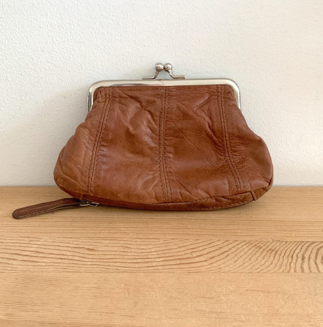 Large Tan Soft Leather Kisslock Coin Purse Vintage Leather Pouch ...