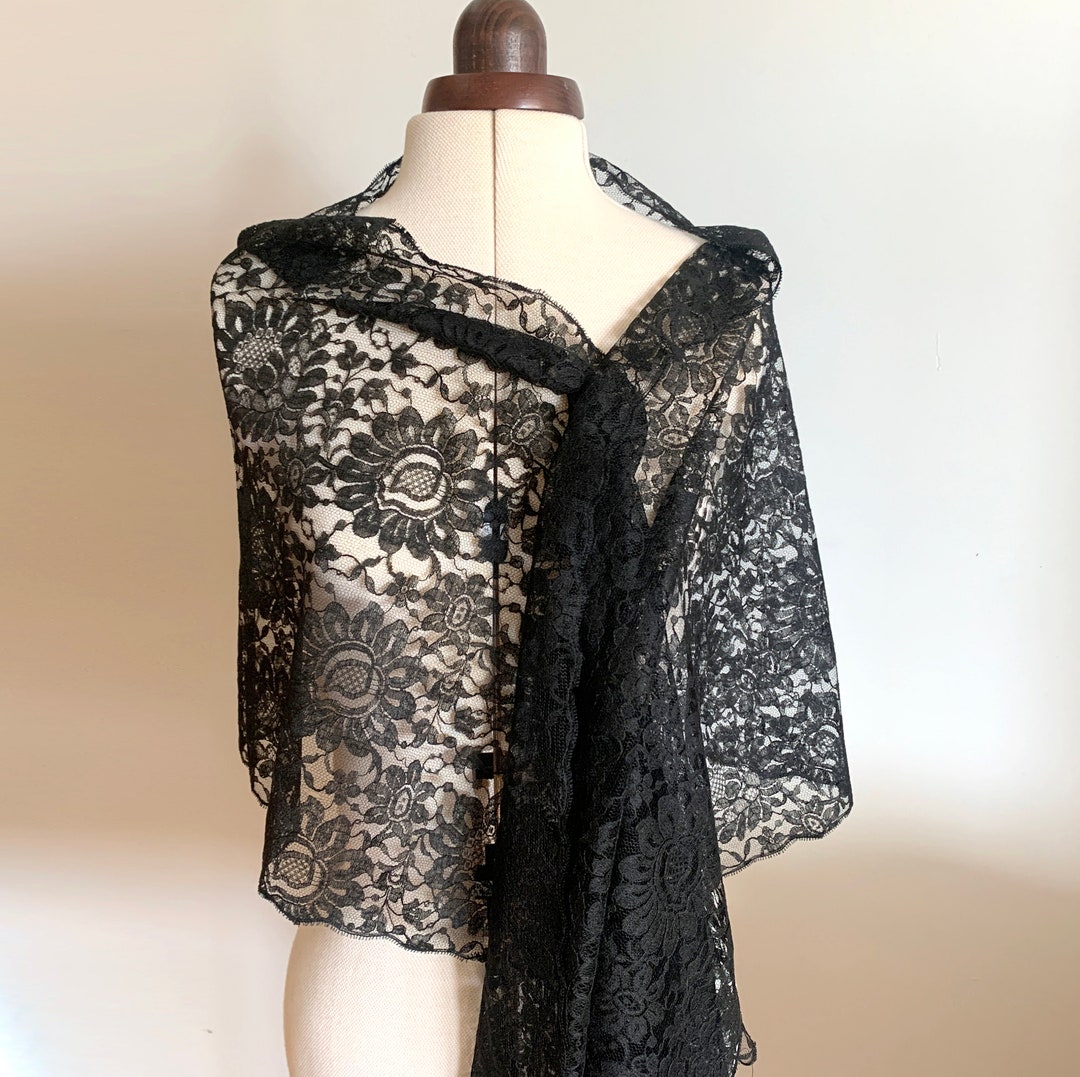 Black Long Vintage Lace Shawl Soft Sheer Black Lace Wrap Lace Scarf - Etsy