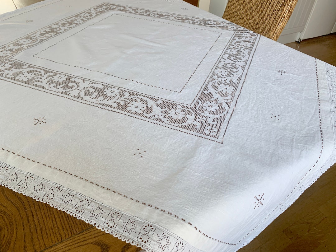 Square Hand Embroidered Linen Table Cloth With Lace Trim and Brown ...