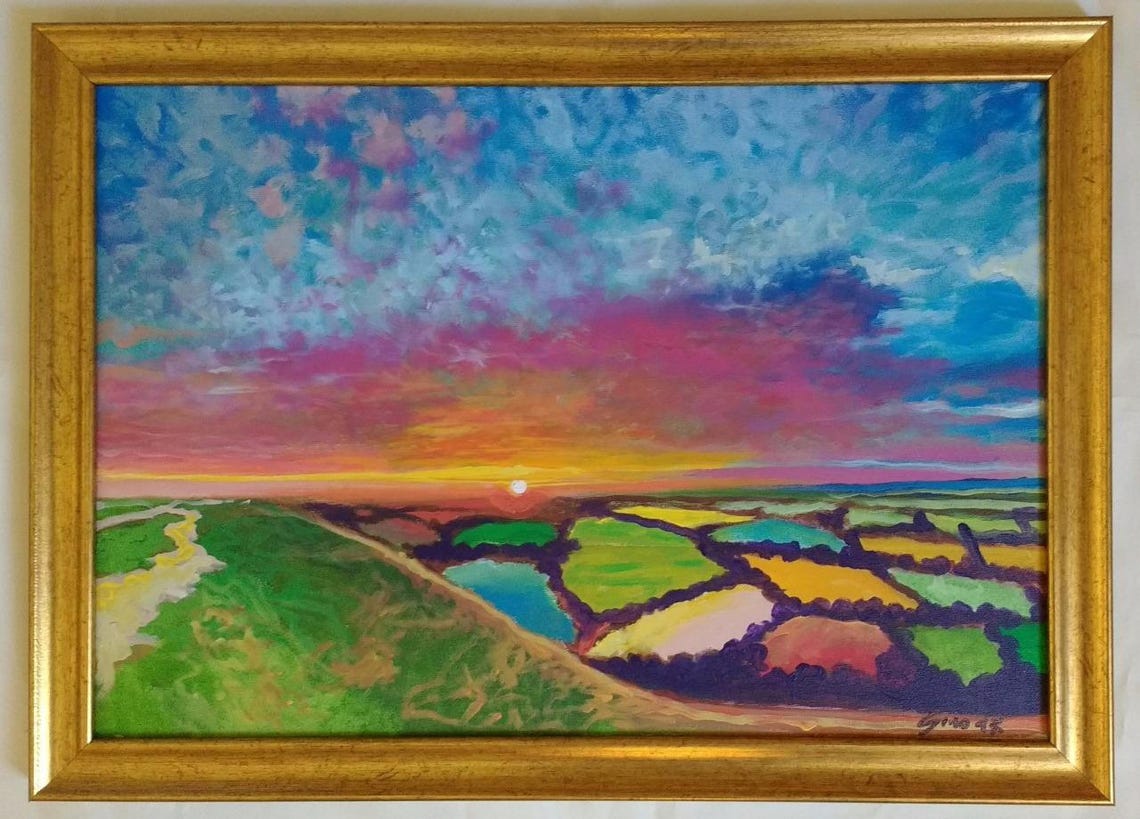 Patchwork Fields Original Acrylic Painting on Canvas Framed Landscape ...