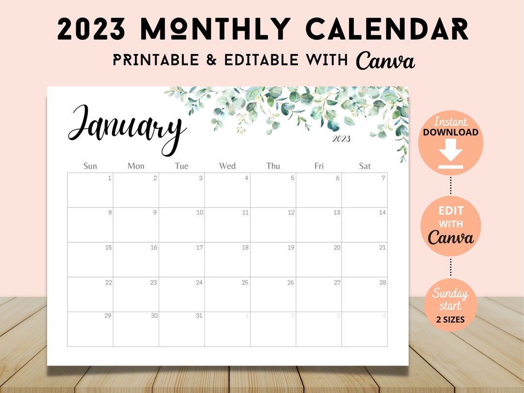 Botanical Editable Monthly Calendar 2023 Printable Greenery - Etsy
