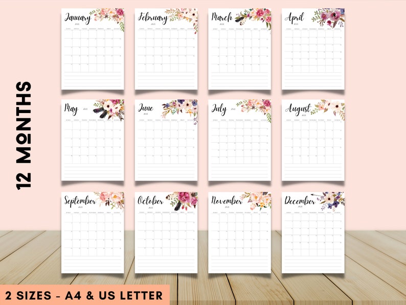 Boho Flowers Editable Monthly Calendar 2023 Printable Floral - Etsy