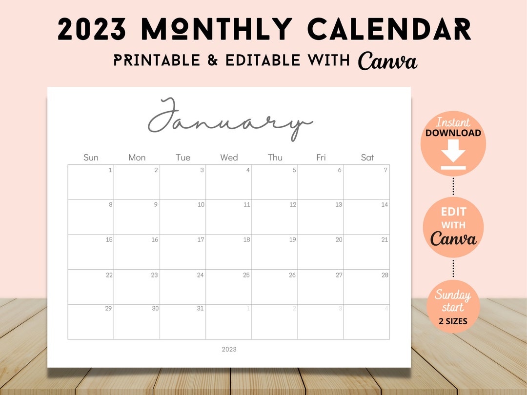 Simple Editable Monthly Calendar 2023 Printable Minimalist - Etsy