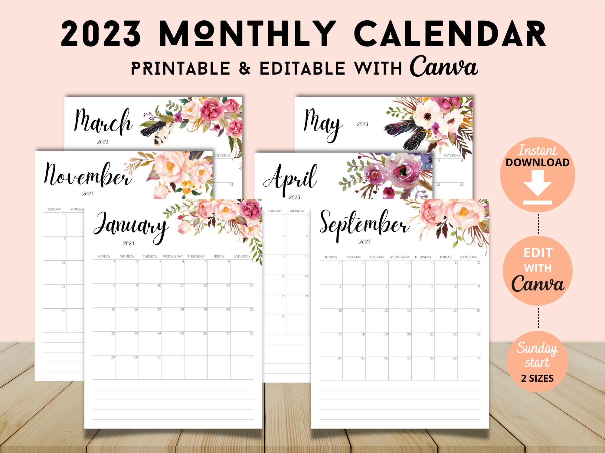 Boho Flowers Editable Monthly Calendar 2023 Printable Floral - Etsy