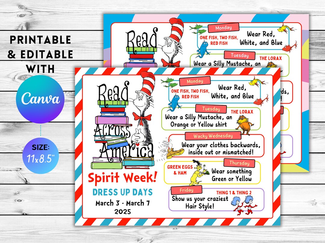 Editable School Spirit Week Schedule, Read Across America Week 2025 ...
