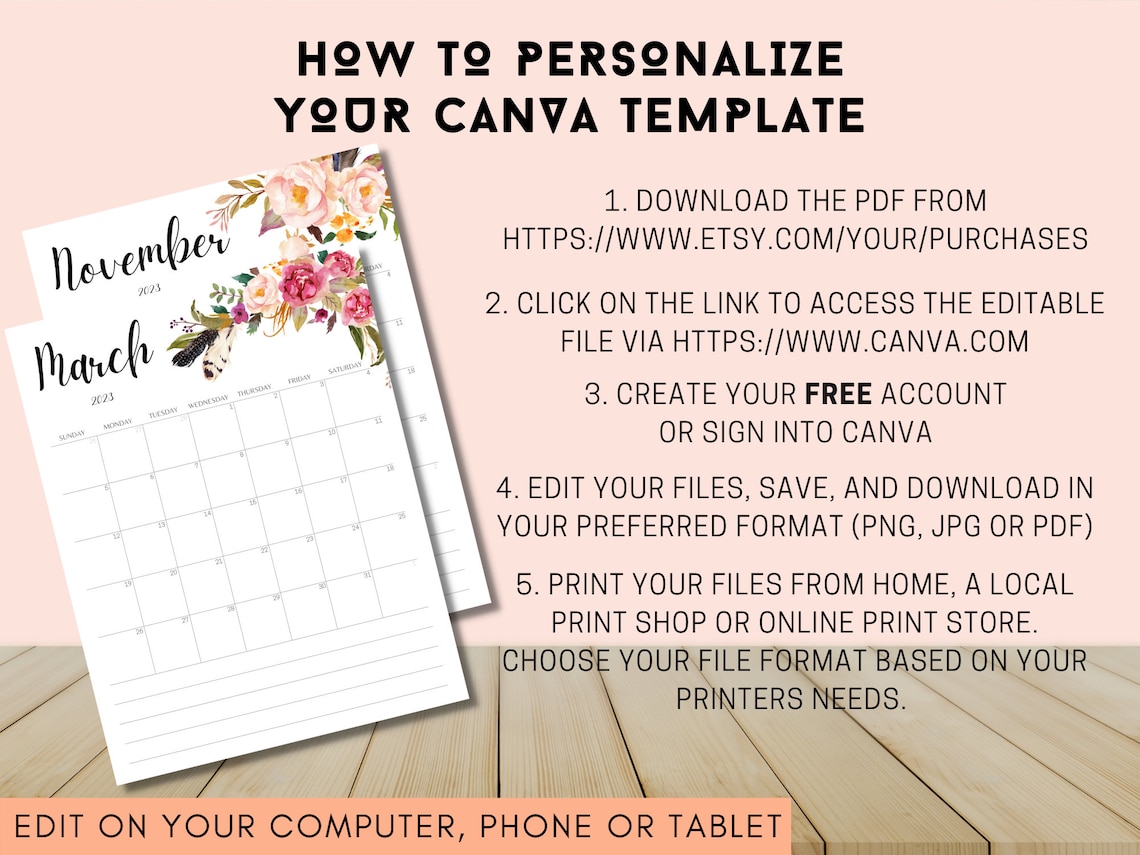 Boho Flowers Editable Monthly Calendar 2023 Printable Floral - Etsy