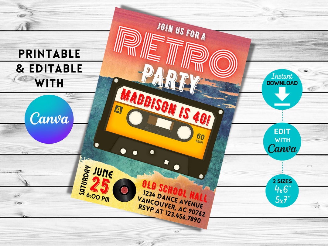 Editable Retro Party Birthday Invitation, Retro Dance Party Invitation ...