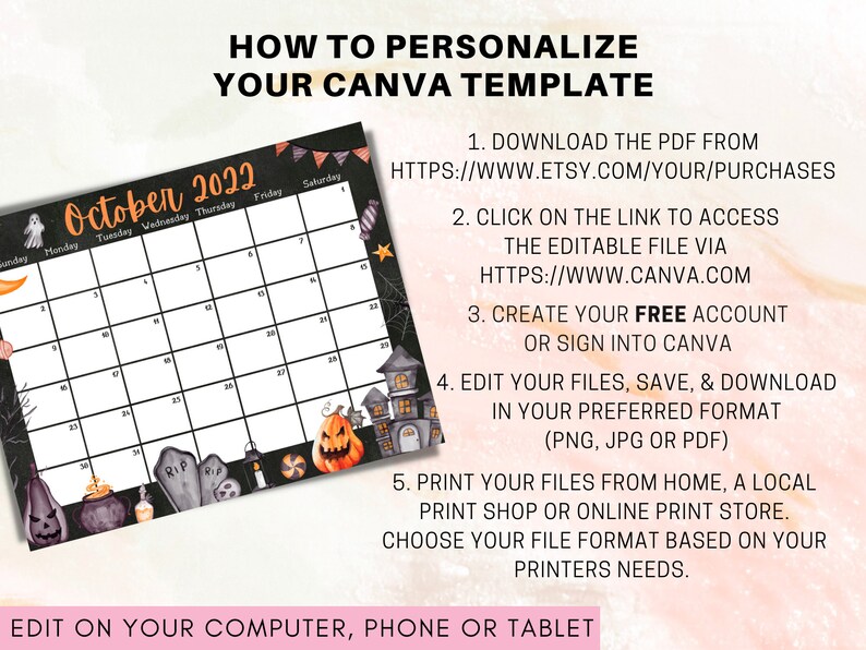 October 2022 Editable Calendar Printable Spooky Halloween - Etsy