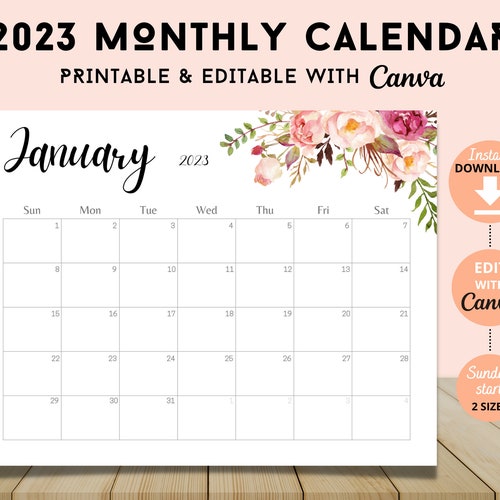 Boho Flowers Editable Monthly Calendar 2023 Printable Floral - Etsy