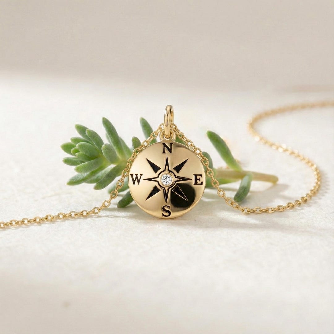 14k Solid Gold Compass Necklace, Everyday Wear Dainty Nautical Jewelry ...