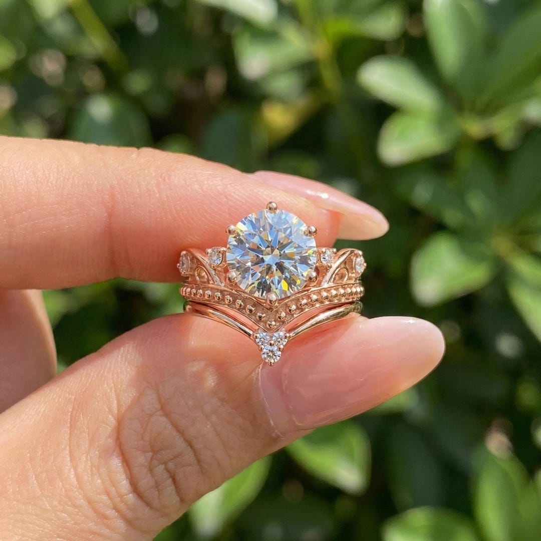 Art Deco Lab Grown Diamond Engagement Ring Set, Round Solitaire Vintage ...