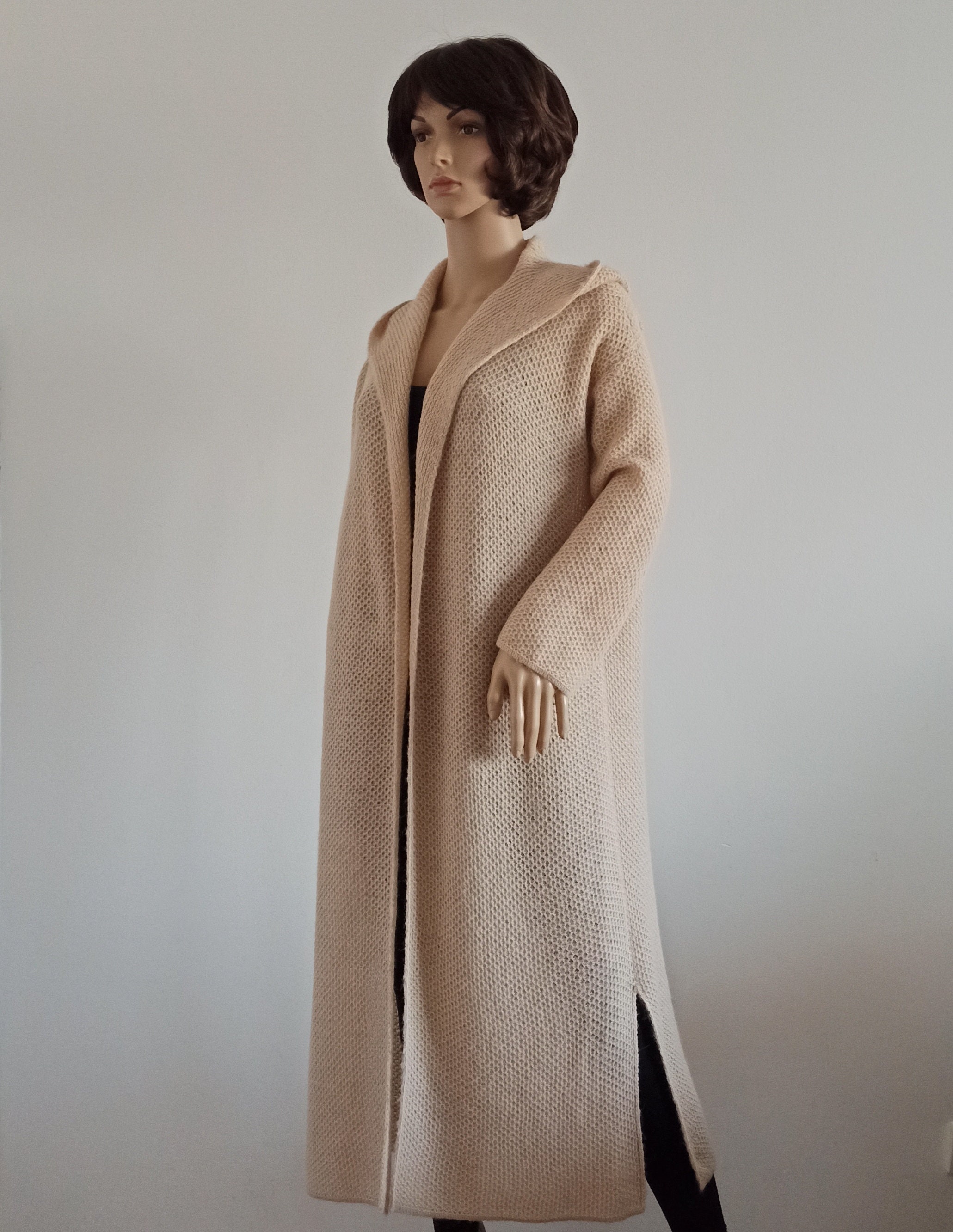 Cardigan With Hood Warm Beige Jacket Knitting Coat With Long Sleeves ...