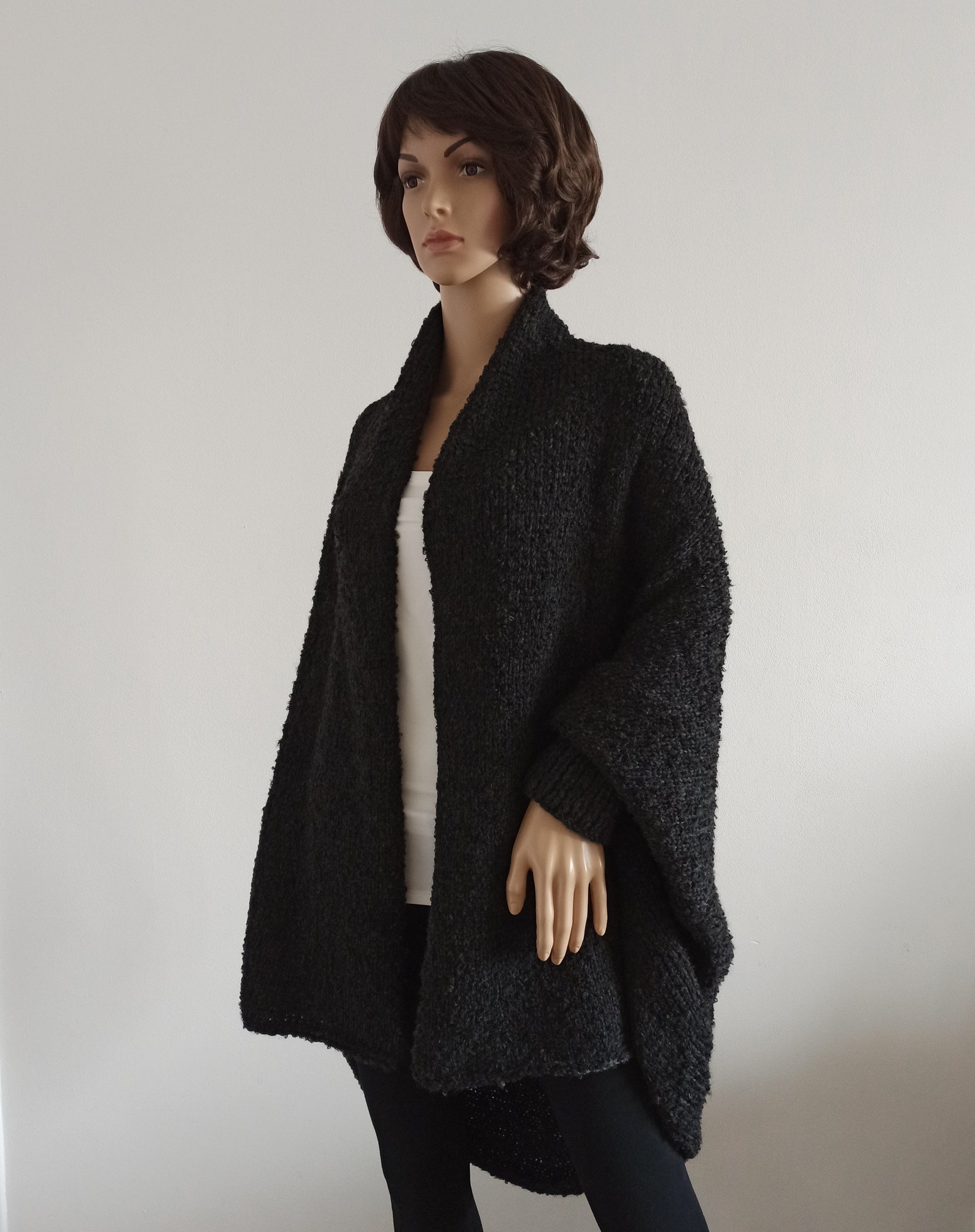 Coat Cardigan Batwing Black With Long Sleeves Black Cozy Knit Loose ...