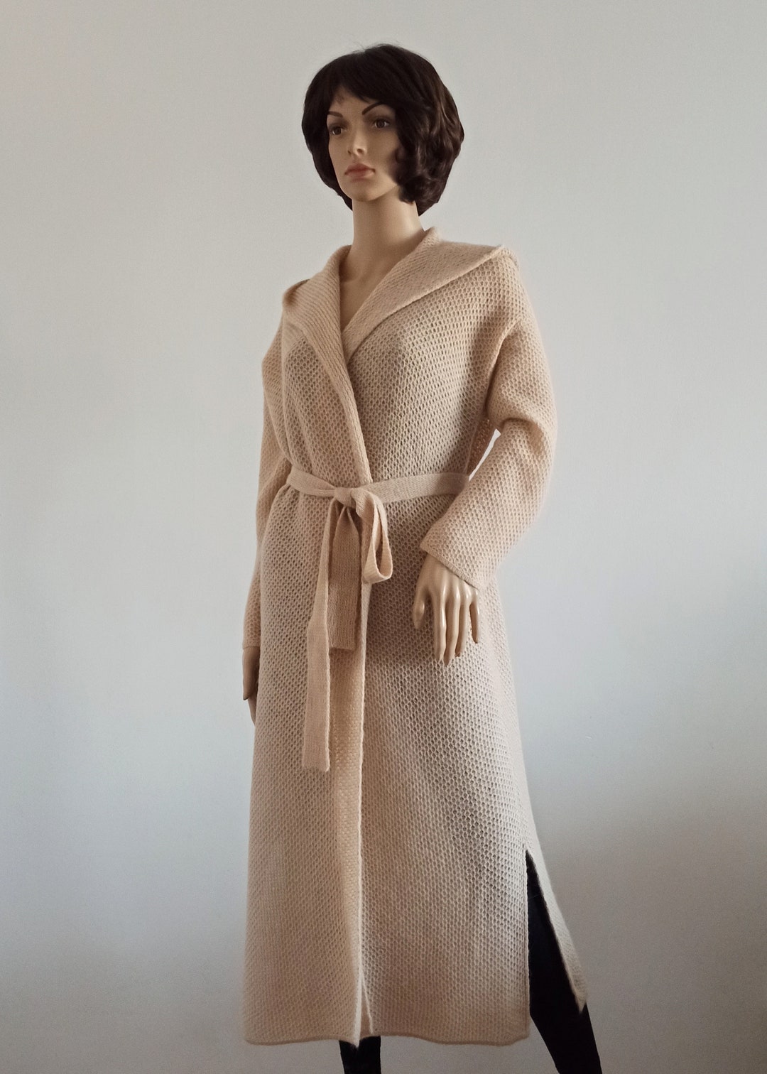 Cardigan With Hood Warm Beige Jacket Knitting Coat With Long Sleeves ...