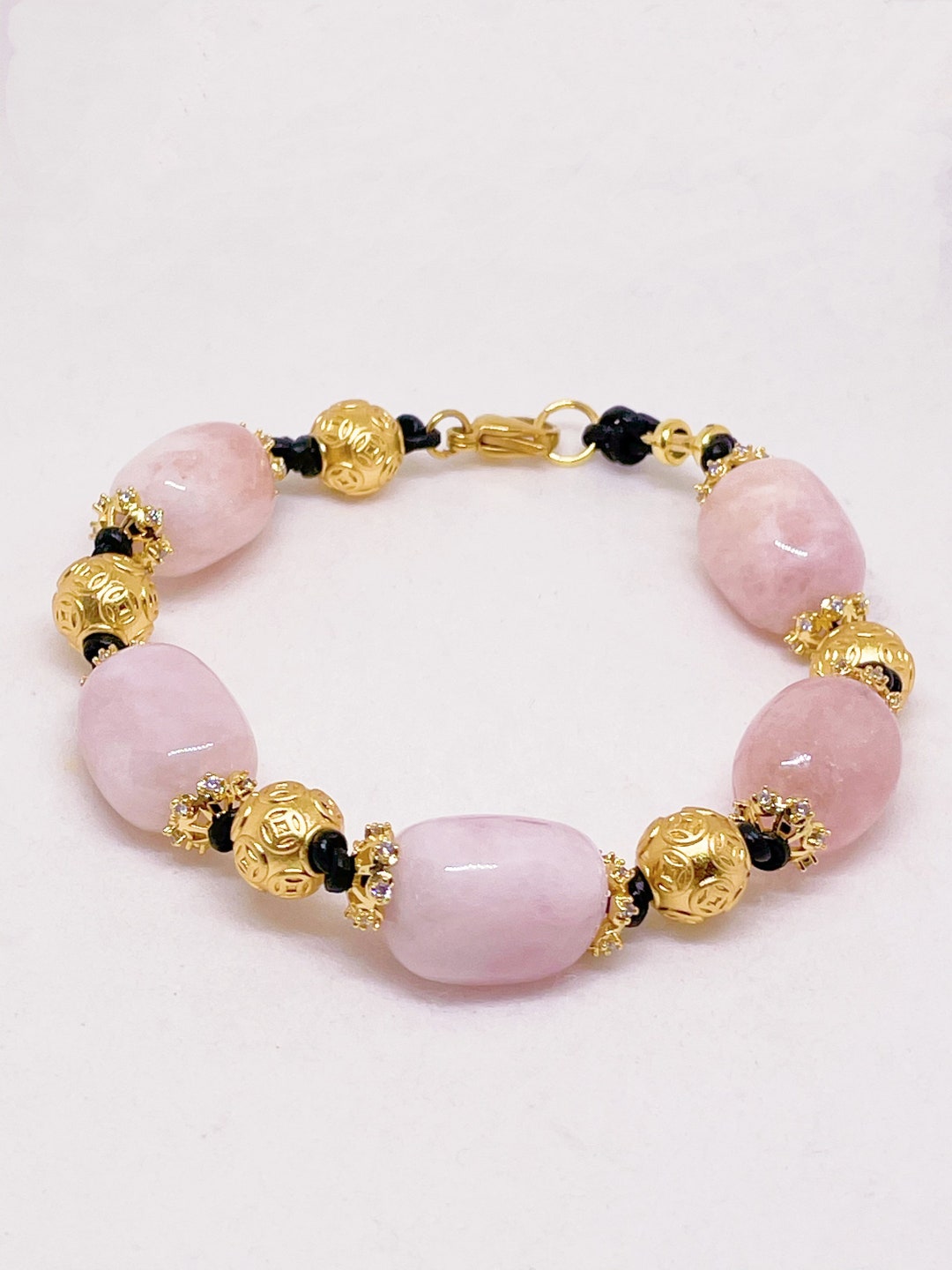 Morganite Cuboid With Black Leather String, Hi-gold Plated Sterling ...