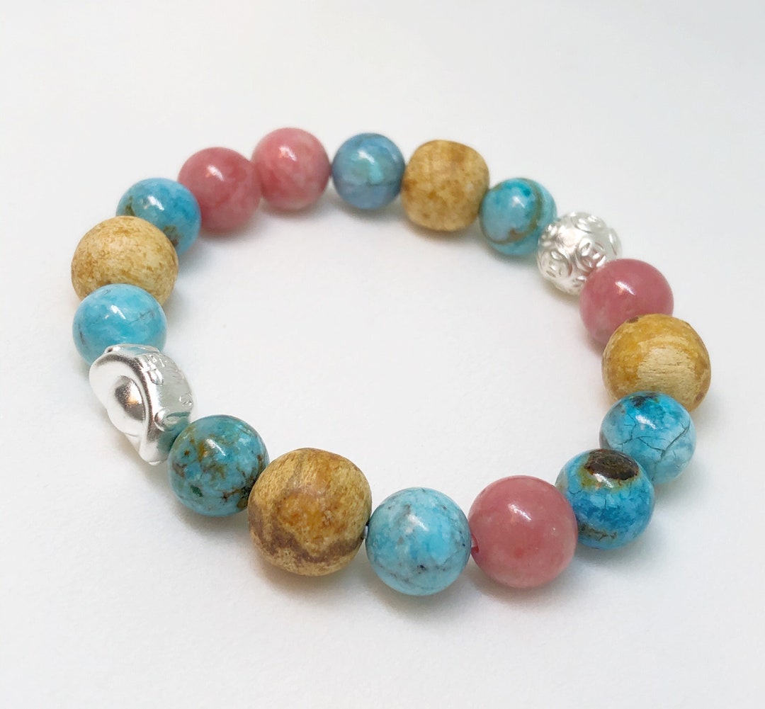 Blue Opal, Thulite and Santo Palo Beaded Bracelet With 925 Silver Ingot ...