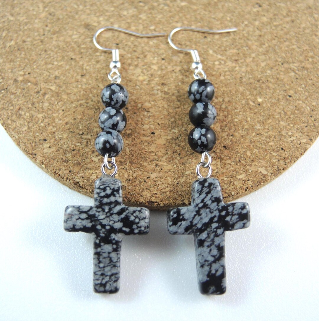 Snowflake Obsidian Cross Dangle Drop Earrings: Gemstone Beads, Silver ...