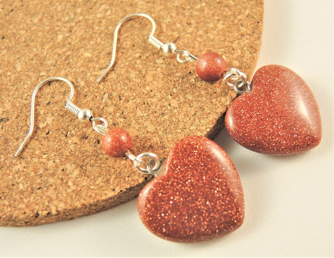 Brown Goldstone, Gemstone Heart, Bohemian Pair, Dangle & Drop, Beaded ...
