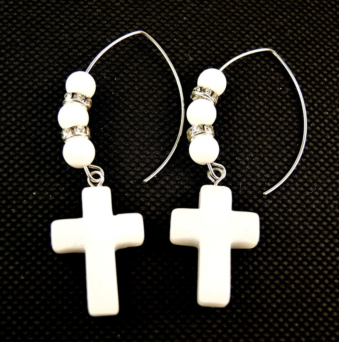White Jade Cross Earrings: Gemstone Dangle, Stainless Steel Hooks - Etsy