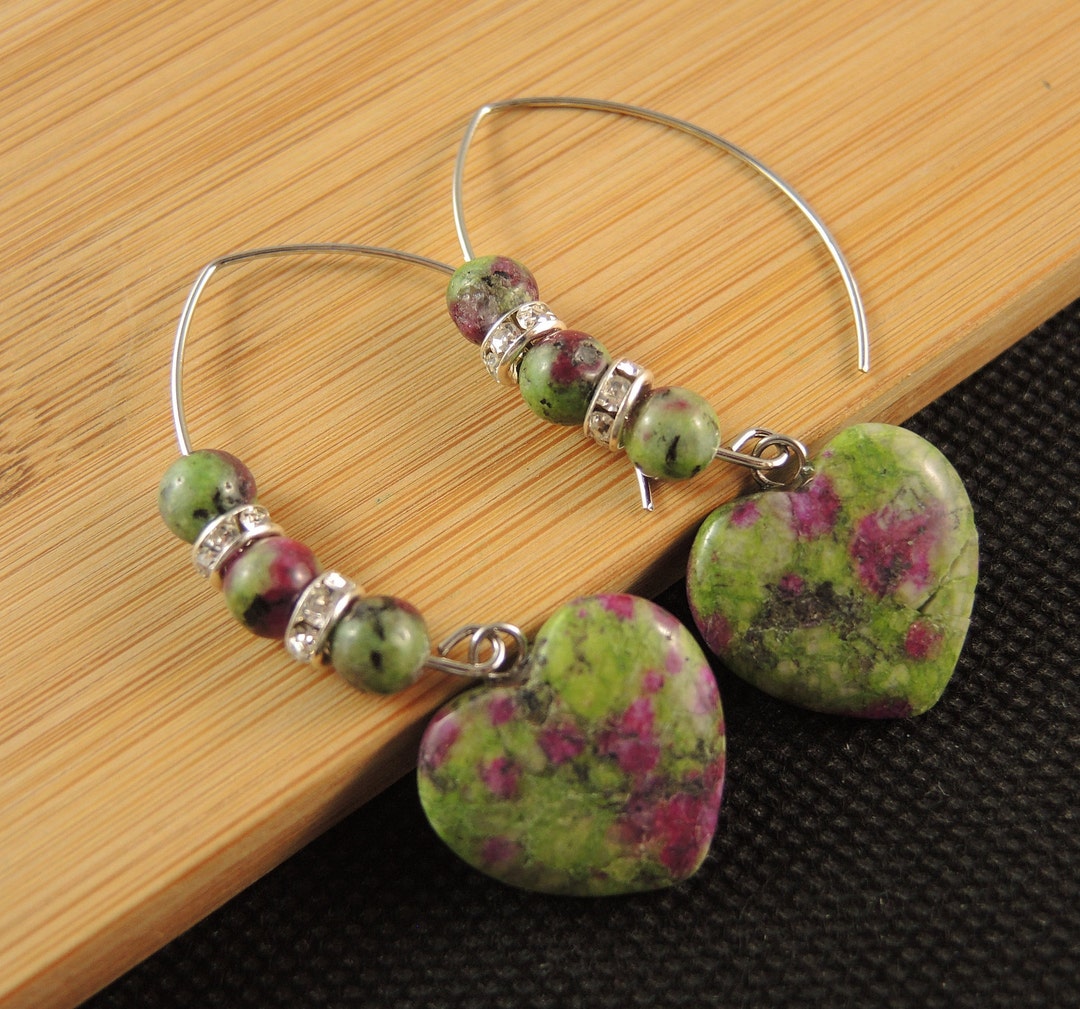Ruby Zoisite, Heart, Gemstone, Statement, Dangle Drop, Fashion Beaded ...