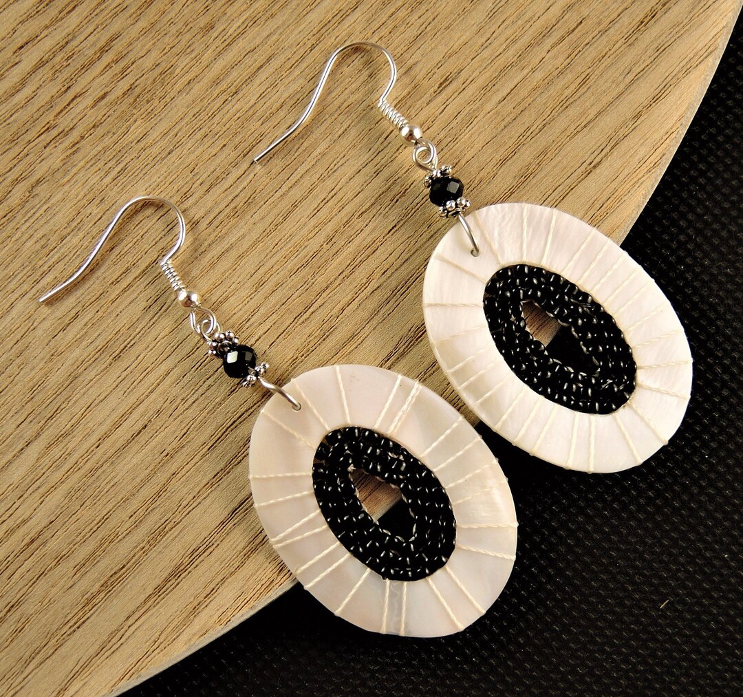 White, Cream, Natural, Oval Shell, Black, Miyuki, Beaded Pair, Dangle ...