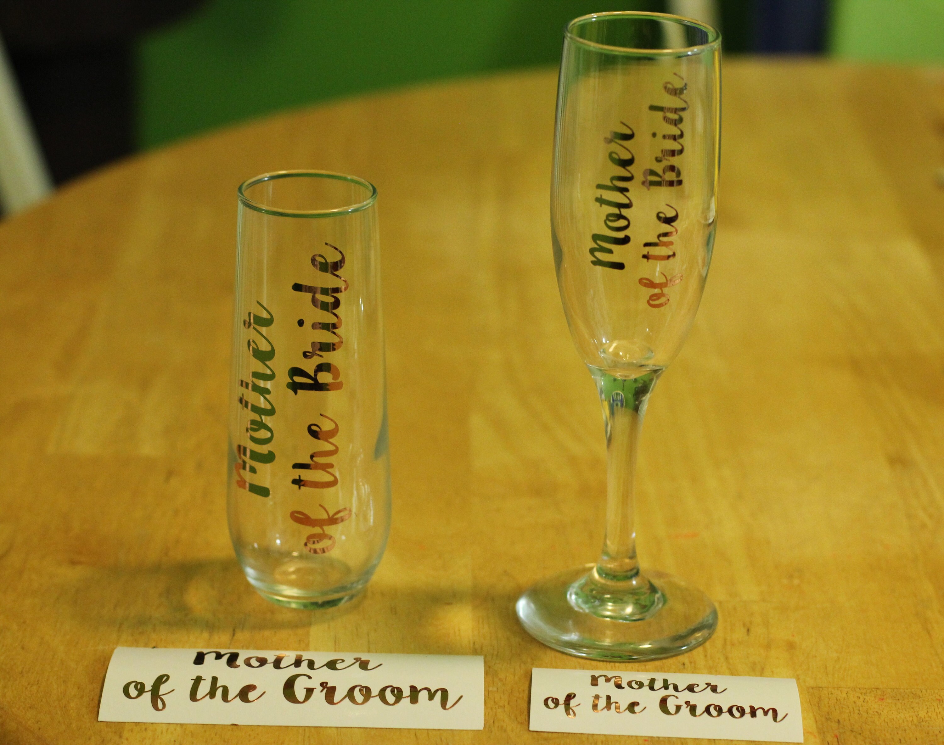 Champagne Flute Labels // Rose Gold Vinyl Decals // Mother of the Bride ...