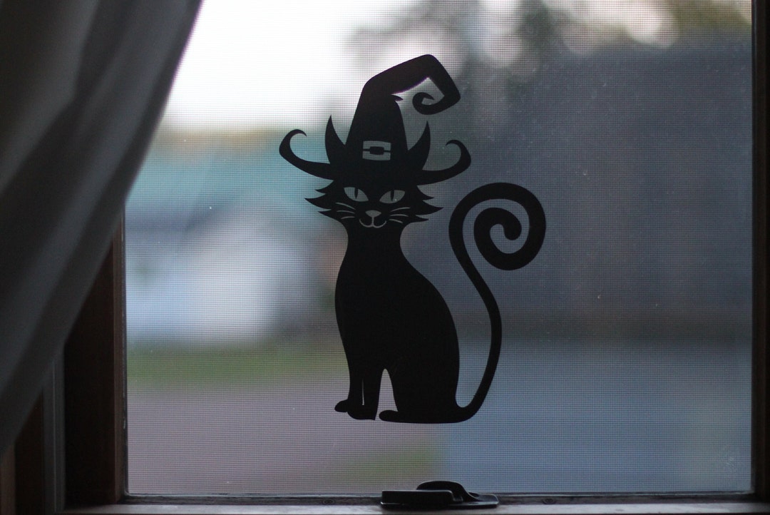 Halloween Black Scary Cat in a Witch Hat Reusable Window Cling Decal ...