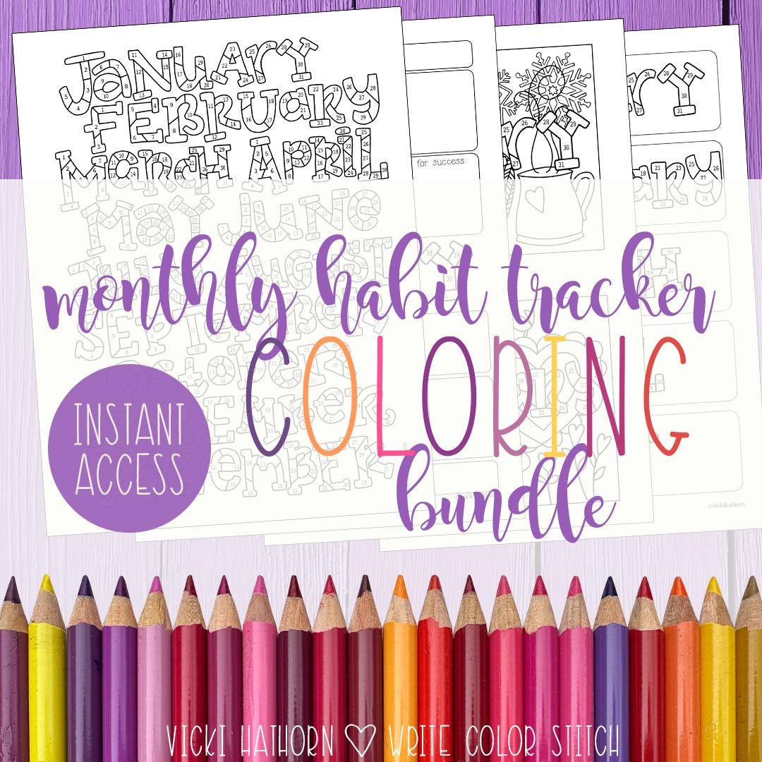 Coloring Habit Tracker Printable, Monthly & Yearly Goal Tracker ...